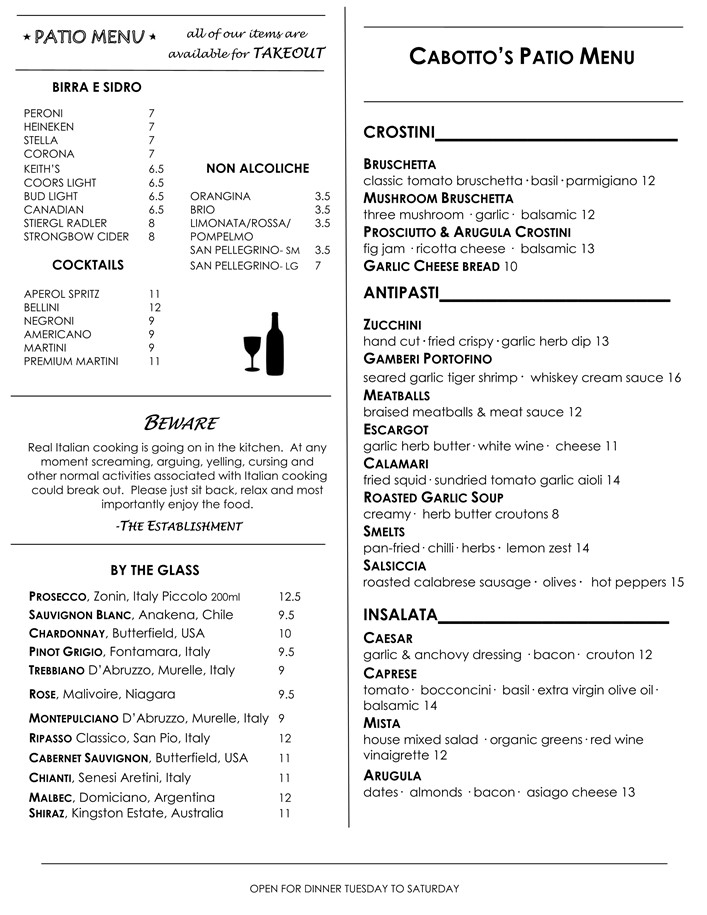 Patio/Dine-in Menu
